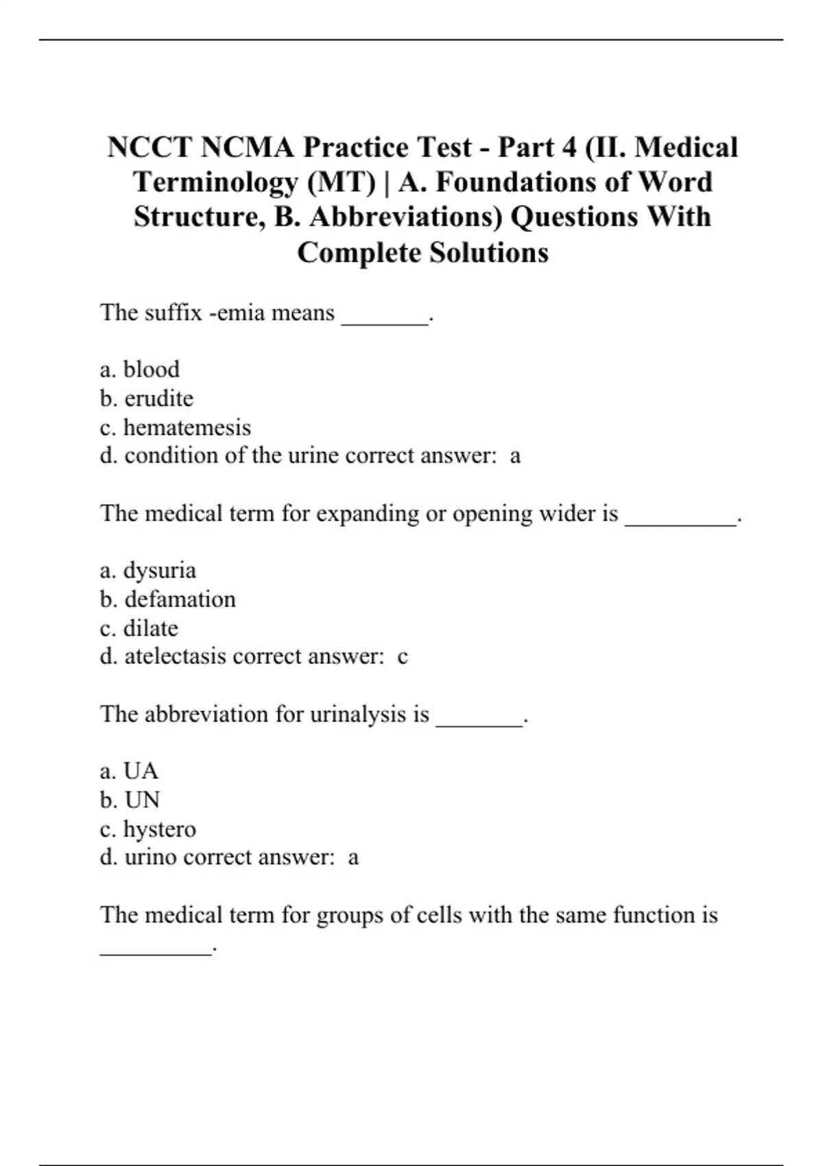 NCCT NCMA Practice Test - Part 4 (II. Medical Terminology (MT) | A ...