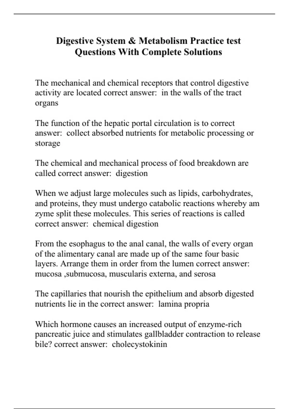 Digestive System & Metabolism Practice test Questions With Complete ...