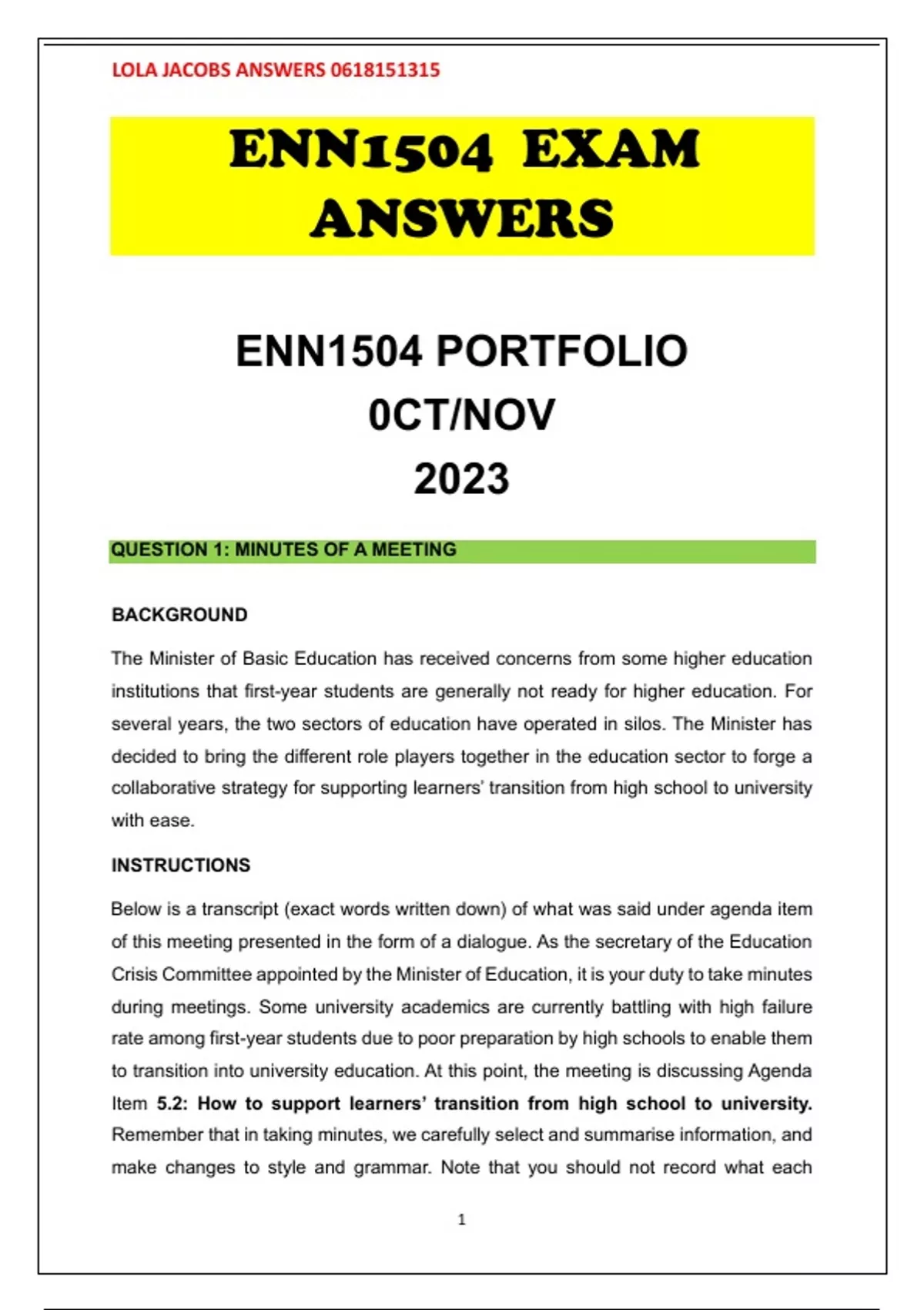 ENN1504 OCT EXAM ANSWERS 2023 - Practising Workplace English - Stuvia SA