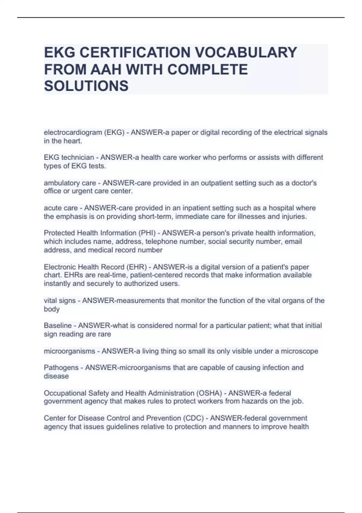 EKG CERTIFICATION VOCABULARY FROM AAH WITH COMPLETE SOLUTIONS - EKG ...