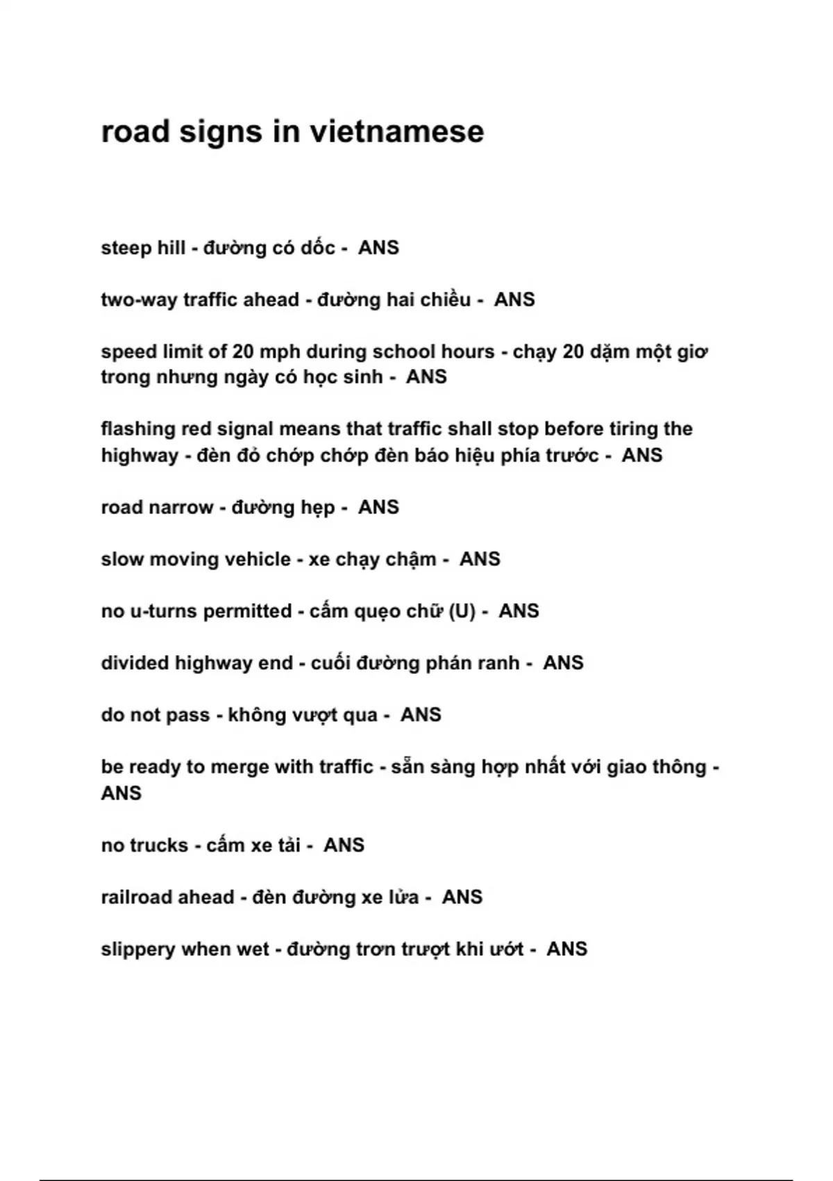 road signs in vietnamese QUESTIONS & ANSWERS 2023 ( A+ GRADED 100% ...