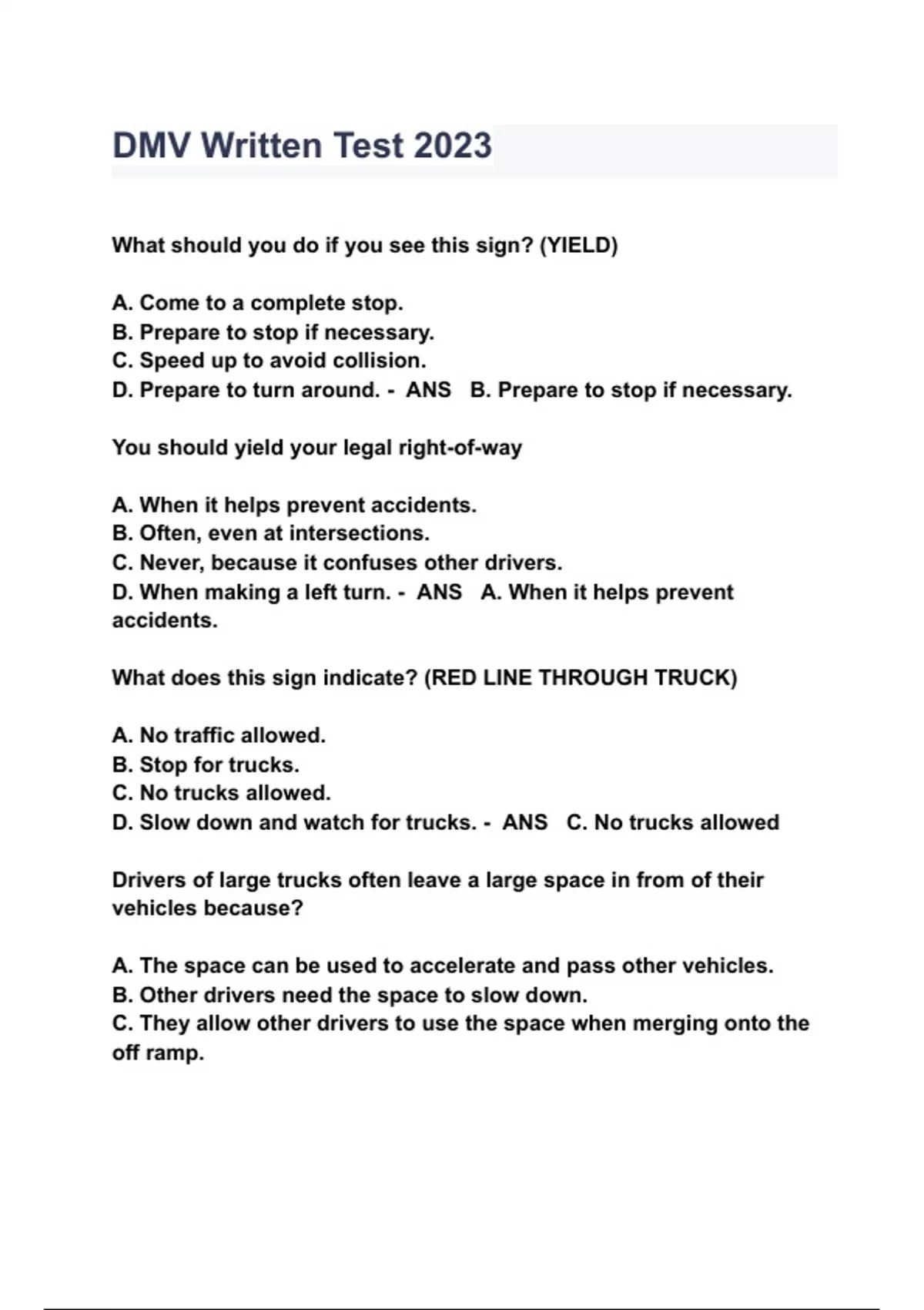 DMV Written Test 2023 QUESTIONS & ANSWERS 2023 ( A+ GRADED 100% ...