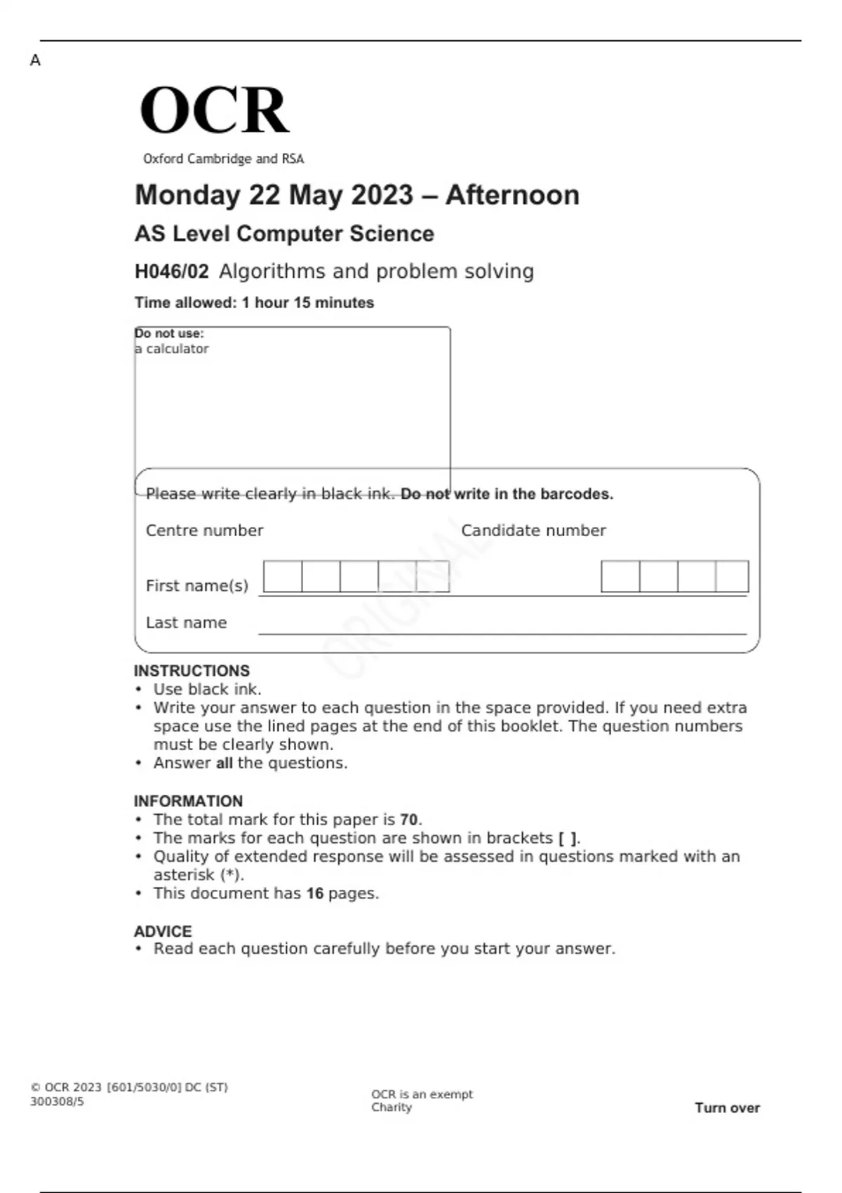 OCR AS Level Computer Science PAPER 1 AND 2 JUNE 2023 QUESTION PAPERS ...