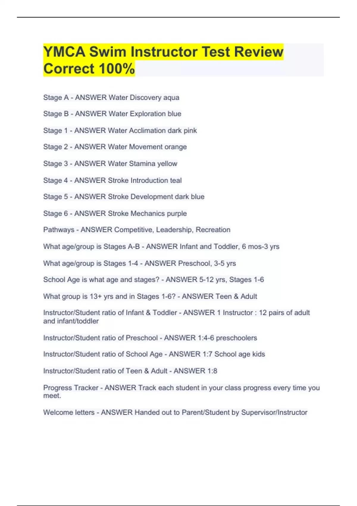 YMCA Swim Instructor Test Review Correct 100% - YMCA SWIM INSTRUCTOR ...