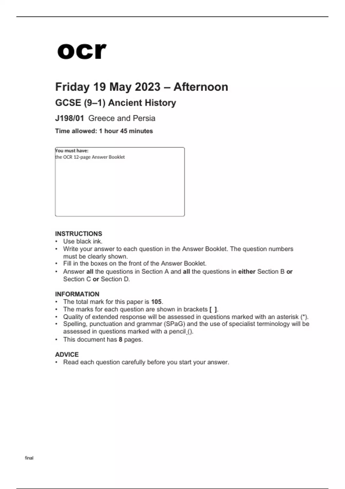 ocr GCSE Ancient History J198/01 Question Paper May2023. - GCSE Ancient ...