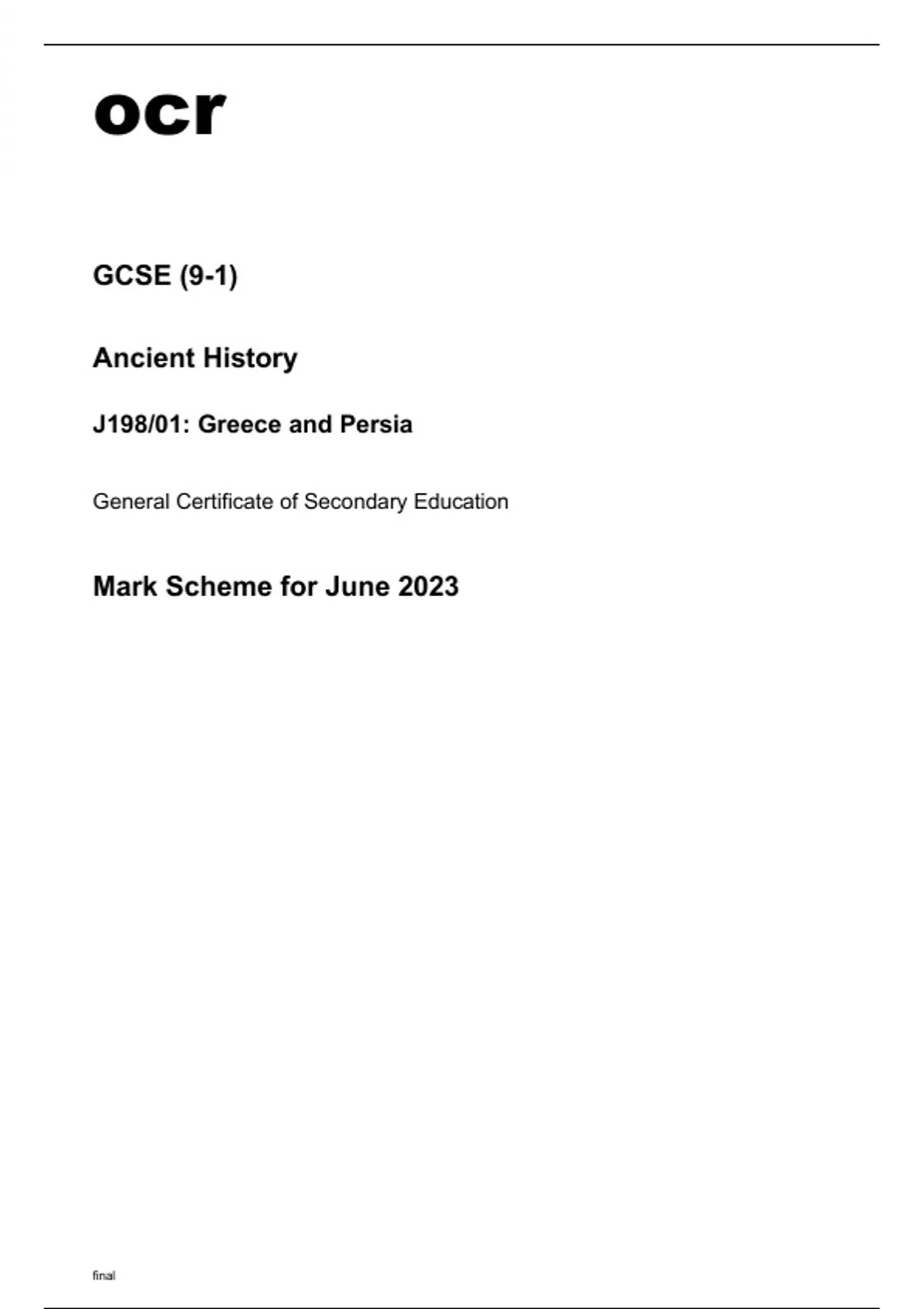 ocr GCSE Ancient History J198/01 Mark Scheme June2023. - GCSE Ancient ...
