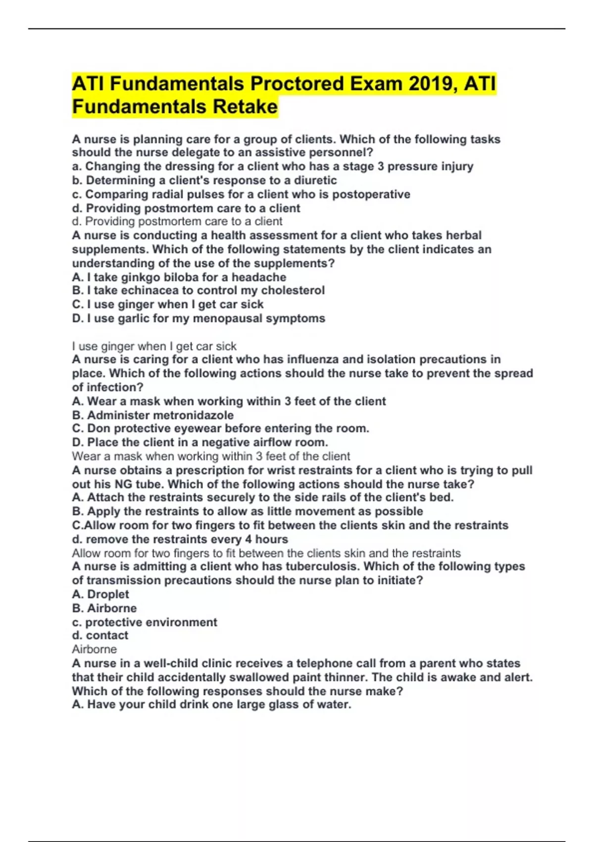ATI Fundamentals Proctored Exam 2019, ATI Fundamentals Retake - ATI ...