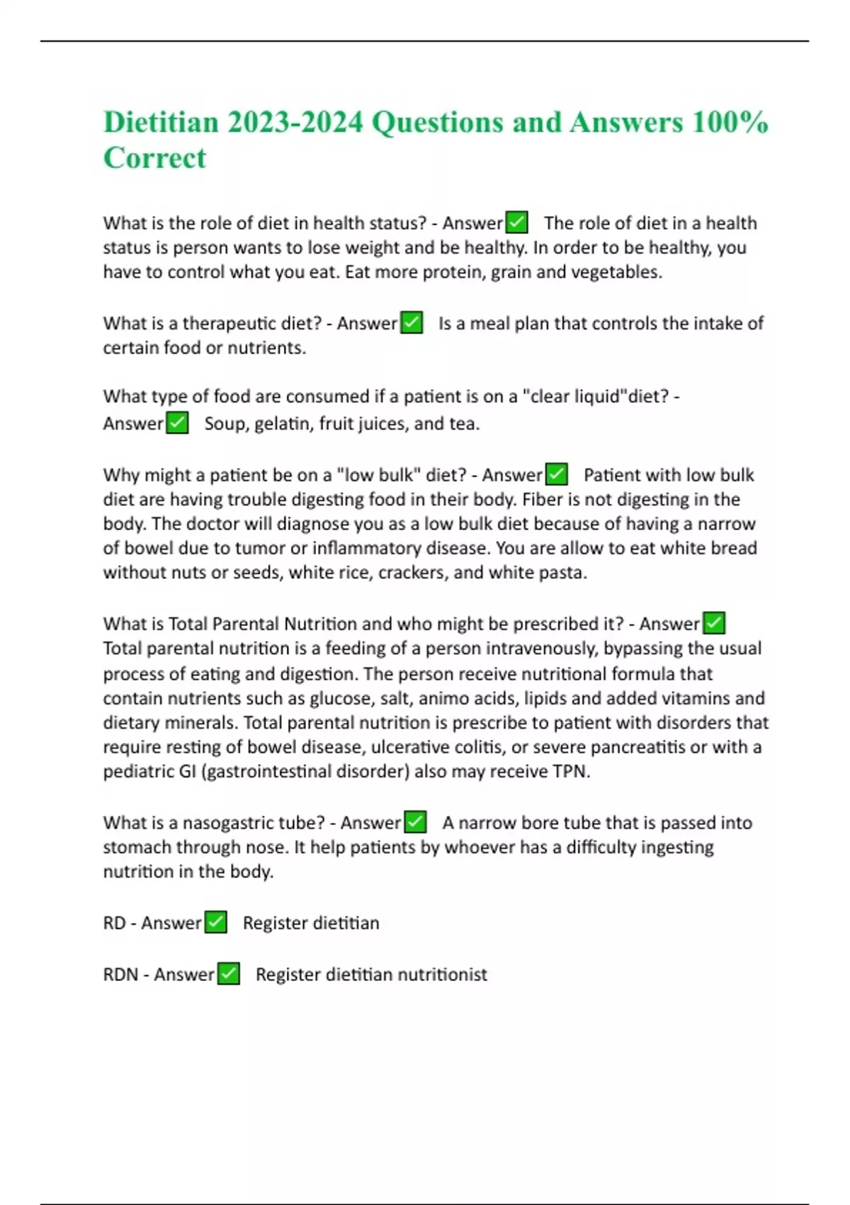 Dietitian Questions and Answers 100% Correct - Dietetics - Stuvia US