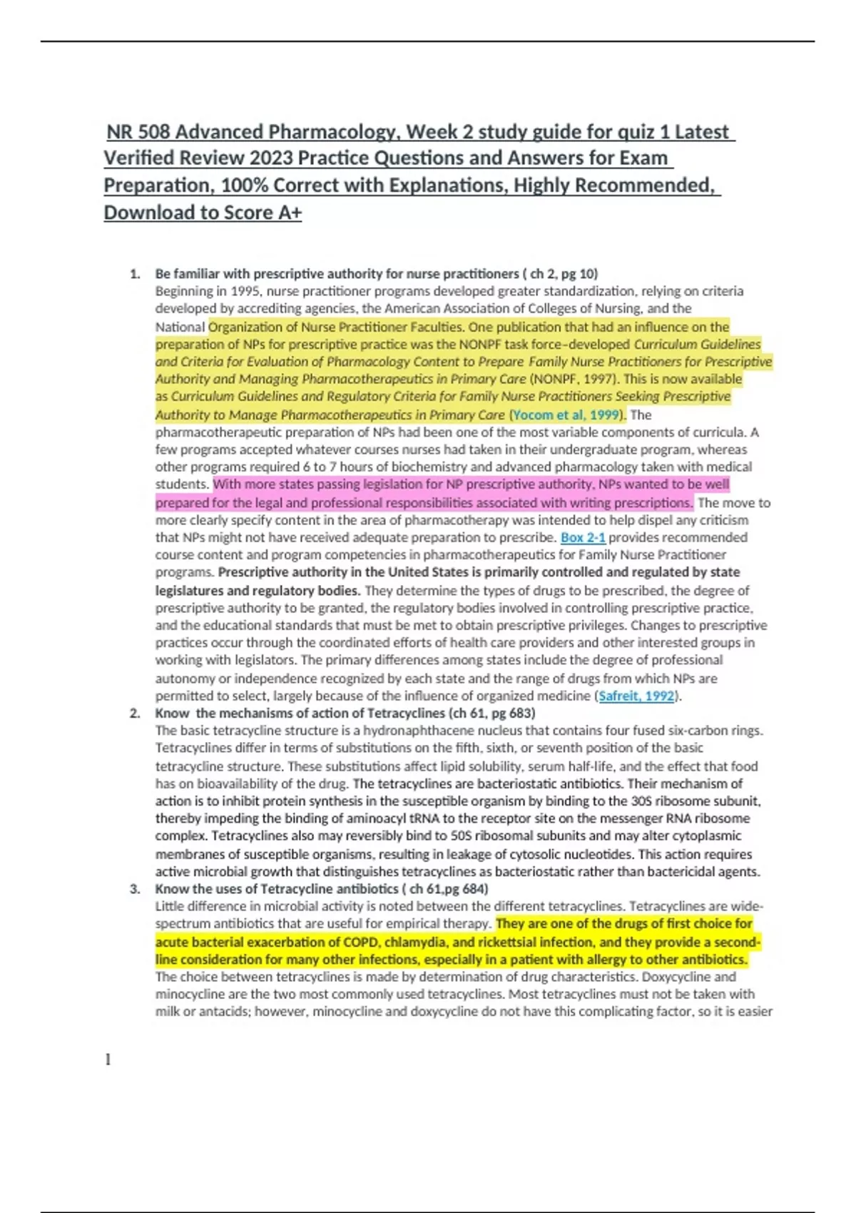Summary NR 508 Advanced Pharmacology, Week 2 study guide for quiz 1 ...