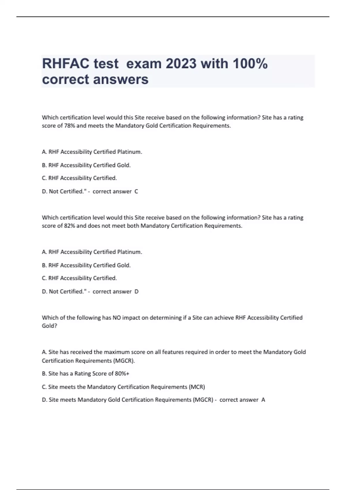 RHFAC test exam 2023 with 100% correct answers - RHFAC - Stuvia US