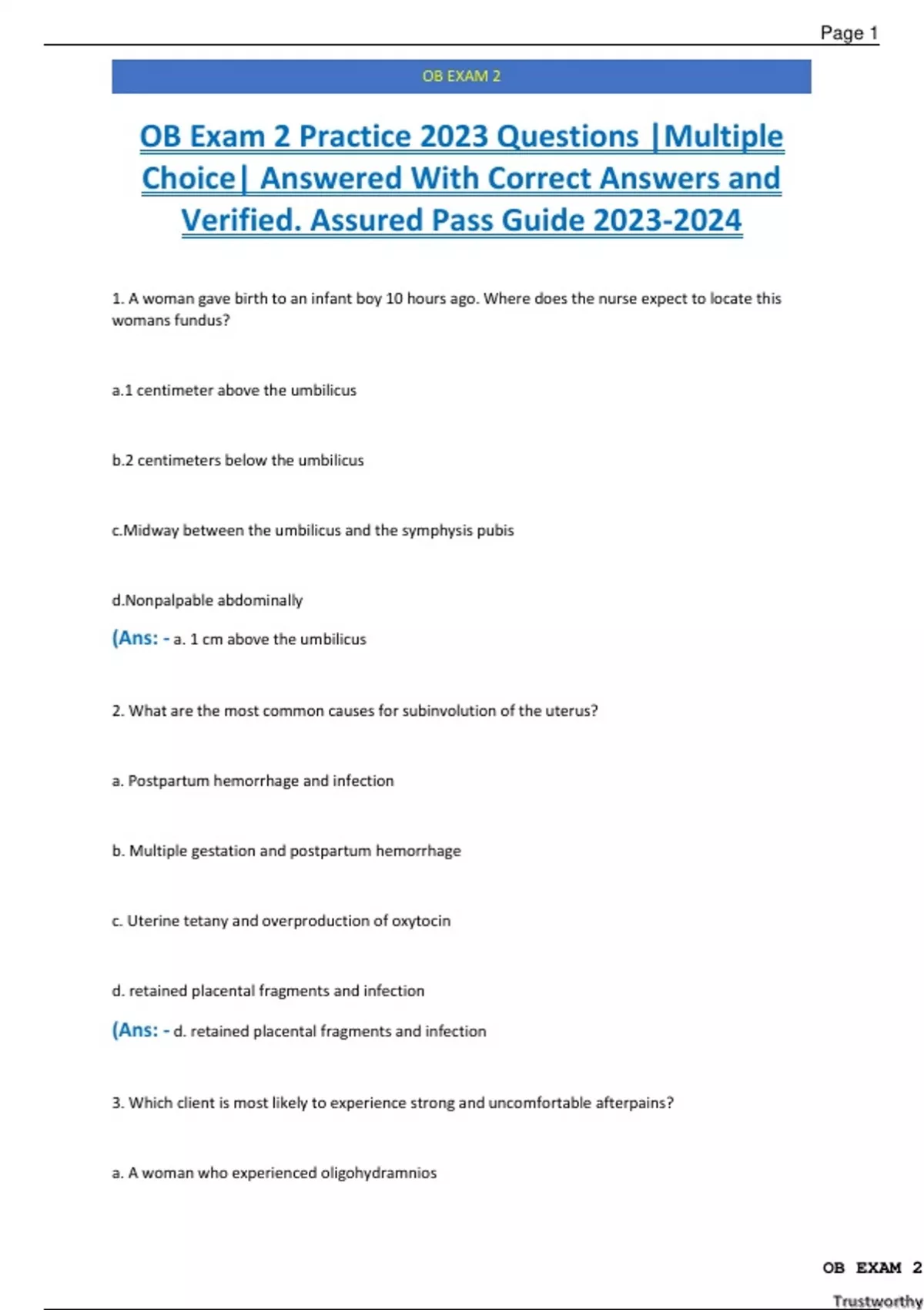 OB Exam 2 Practice 2023 Questions |Multiple Choice| Answered With ...