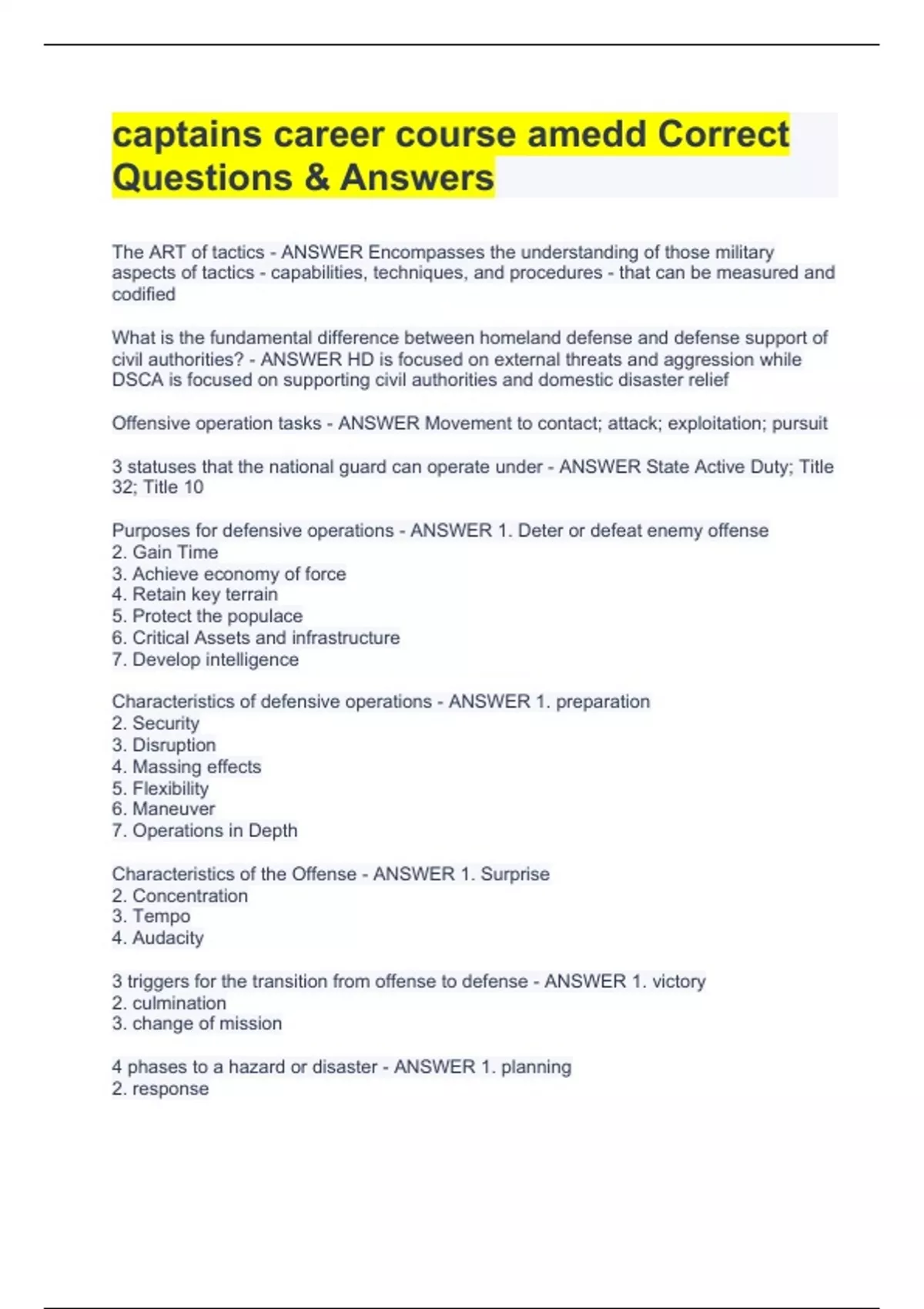 Captains Career Course Amedd Correct Questions And Answers Captains Career Course Stuvia Us