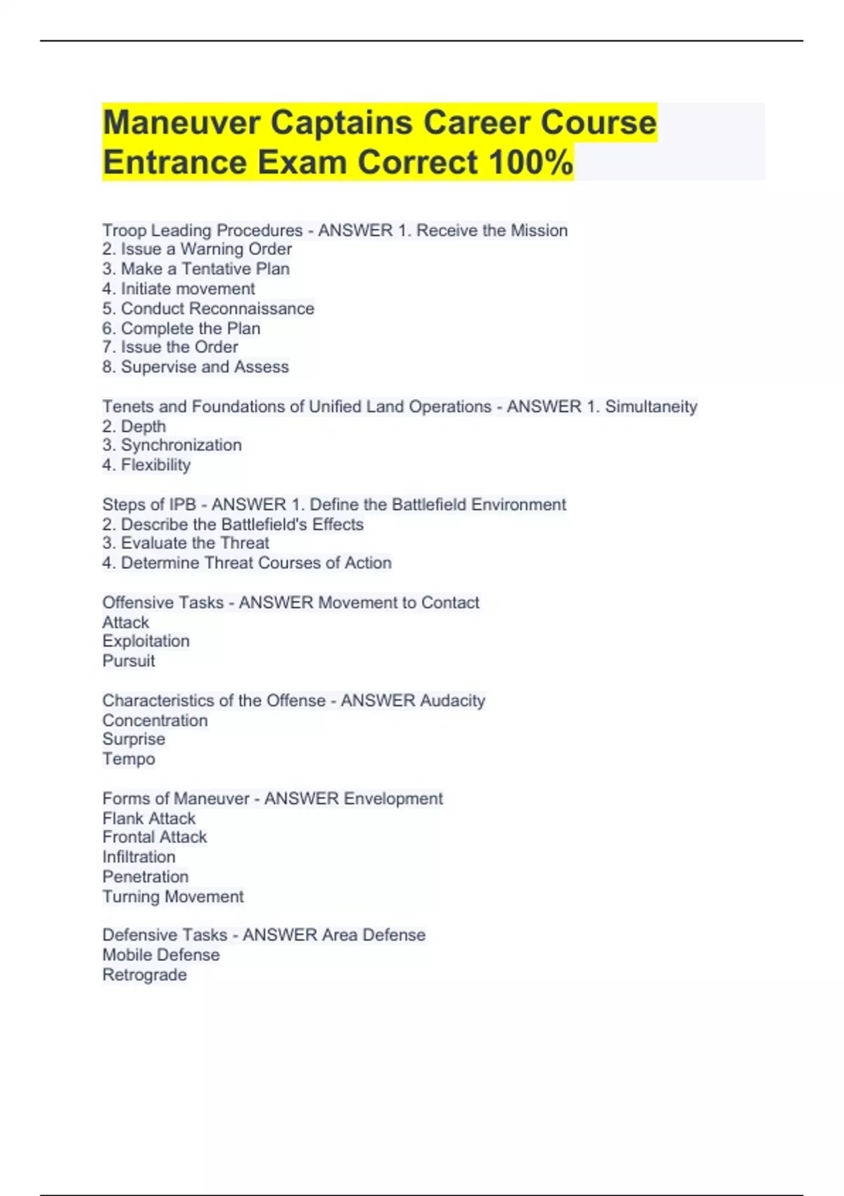 Maneuver Captains Career Course Entrance Exam Correct 100% - Captains ...
