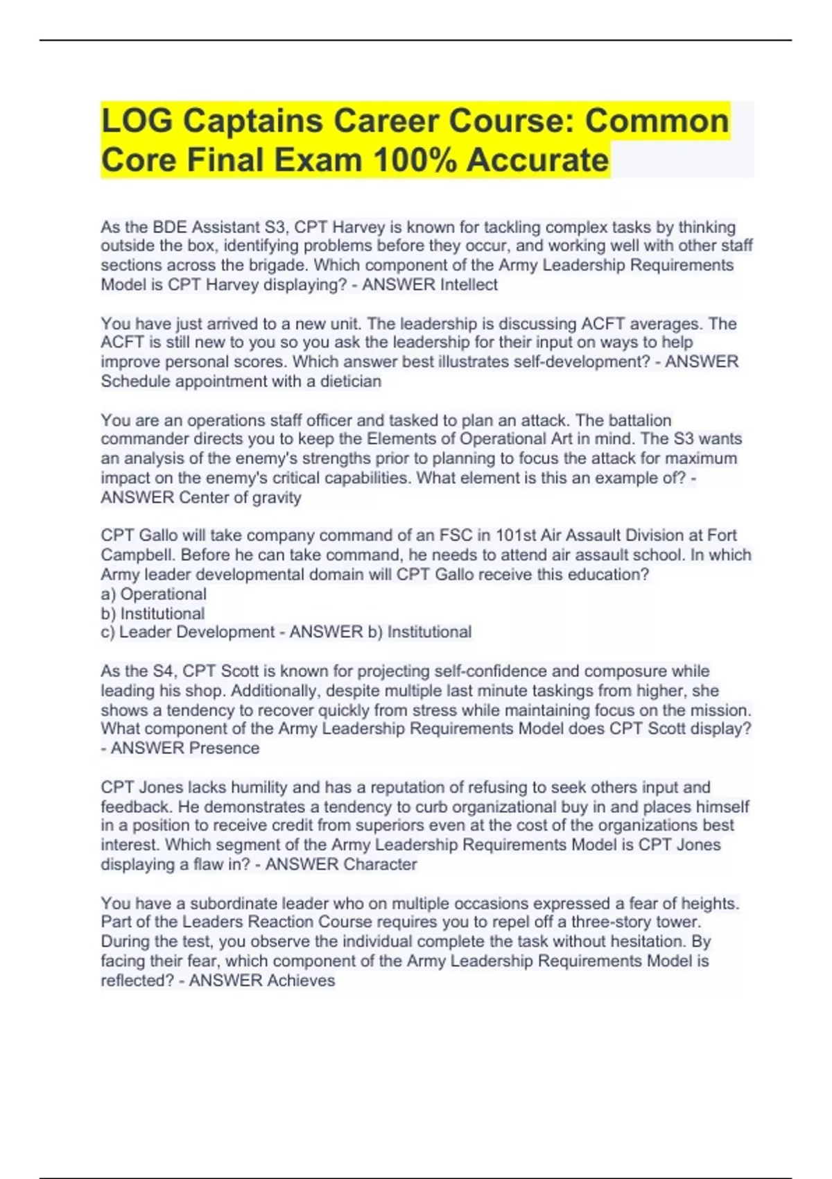 LOG Captains Career Course: Common Core Final Exam 100% Accurate ...