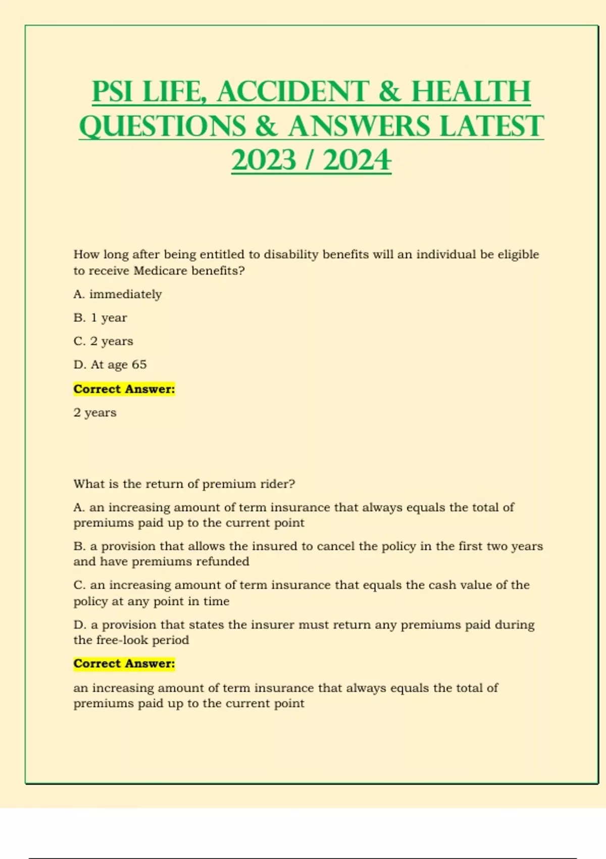 PSI Life, Accident & Health Questions & Answers Latest 2023 / 2024; 100 ...