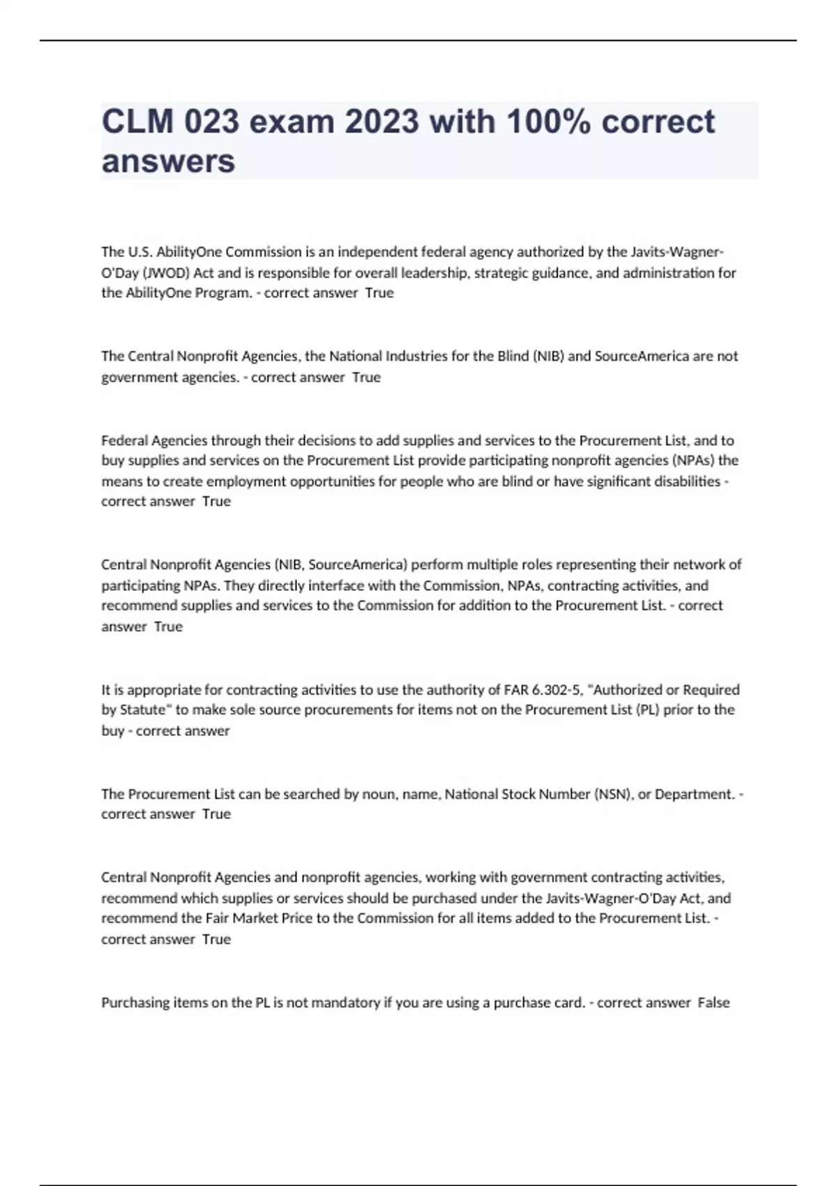 CLM 023 exam 2023 with 100% correct answers - CLM - Stuvia US