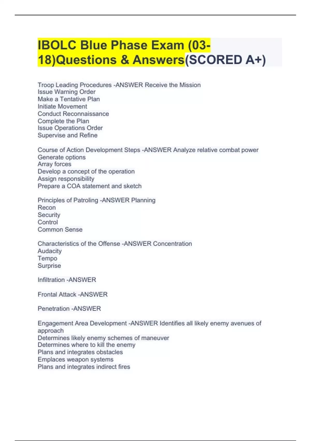 IBOLC Blue Phase Exam (03-18)Questions & Answers(SCORED A+) - IBOLC - Stuvia US
