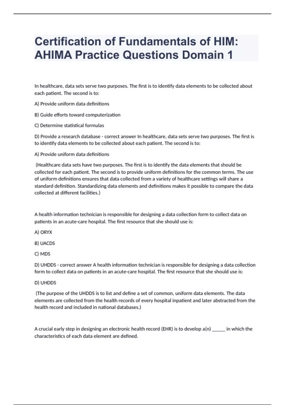 Certification of Fundamentals of HIM AHIMA Practice Questions Domain 1 ...