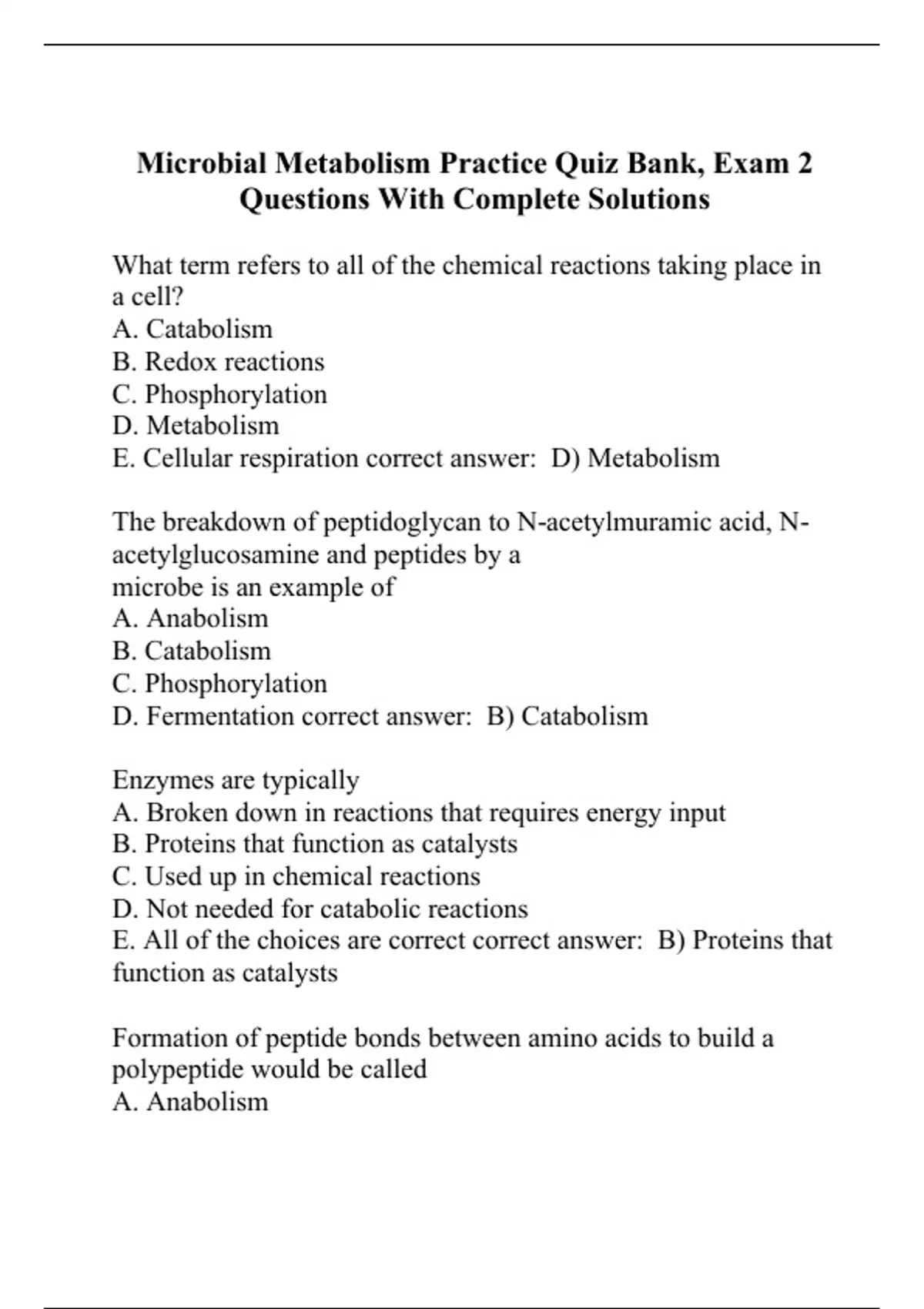 Microbial Metabolism Practice Quiz Bank, Exam 2 Questions With Complete ...