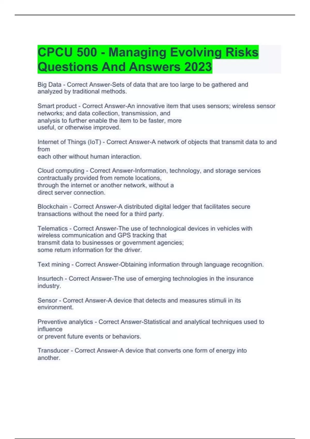 CPCU 500 - Managing Evolving Risks Questions And Answers 2023 - CPCU ...