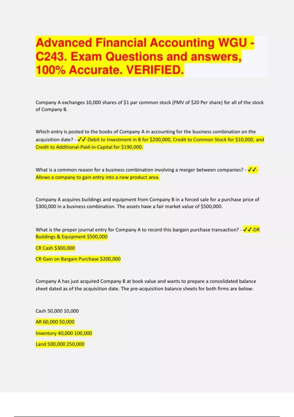 Advanced Financial Accounting WGU - C243. Exam Questions and answers ...