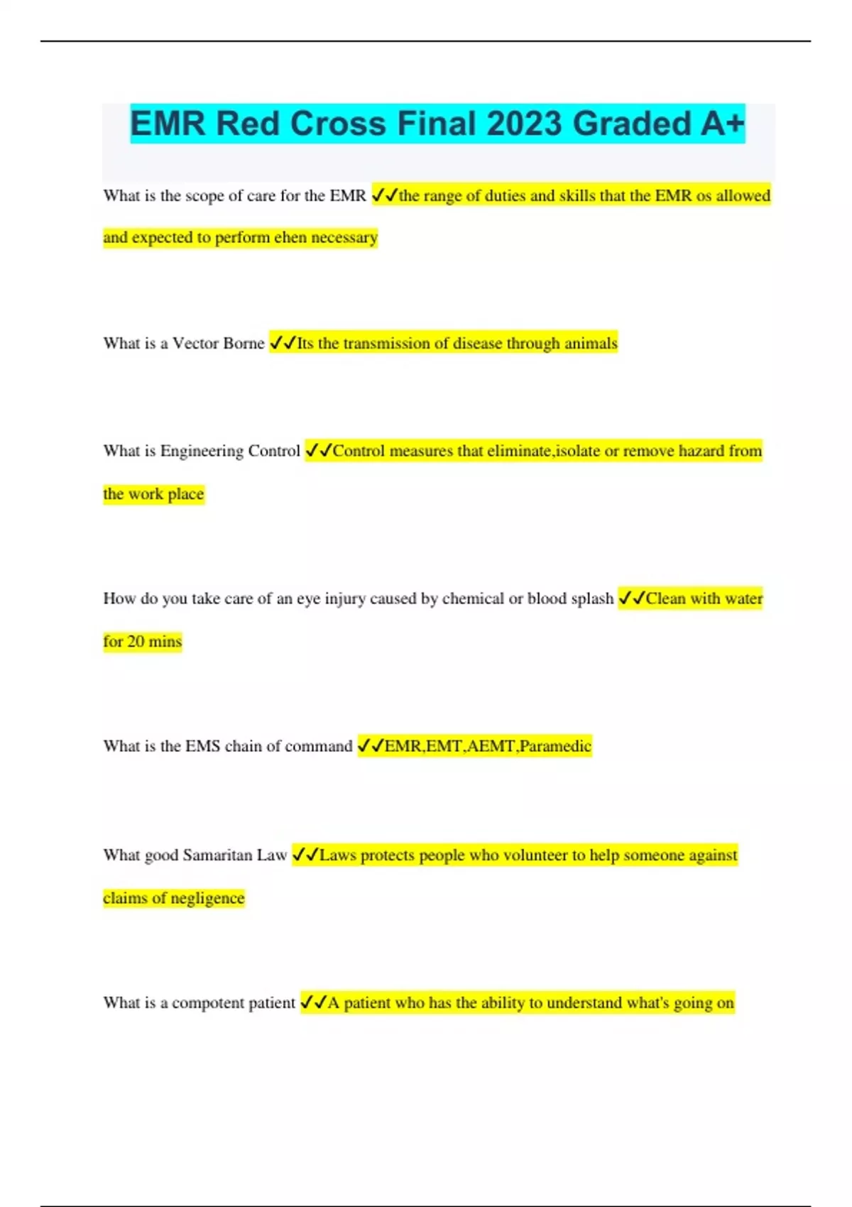 EMR Red Cross Final 2023 Graded A+ - EMR Red Cross - Stuvia US