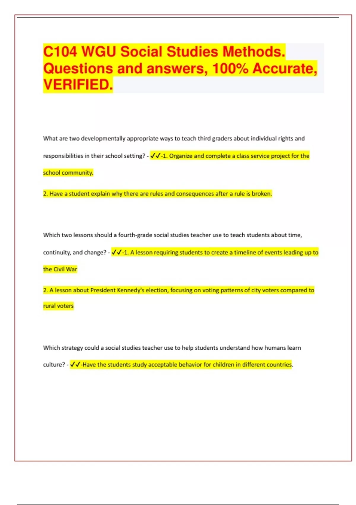 C104 WGU Social Studies Methods. Questions and answers, 100% Accurate ...
