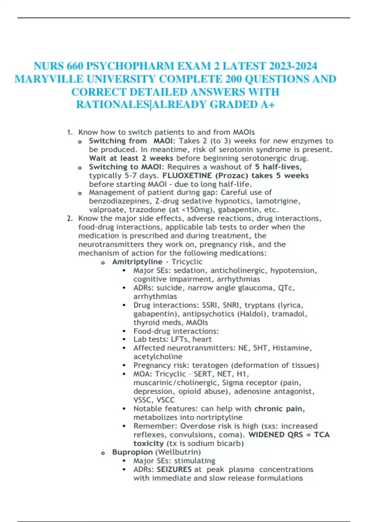NURS 660 PSYCHOPHARM EXAM 2 LATEST MARYVILLE UNIVERSITY COMPLETE 200 ...