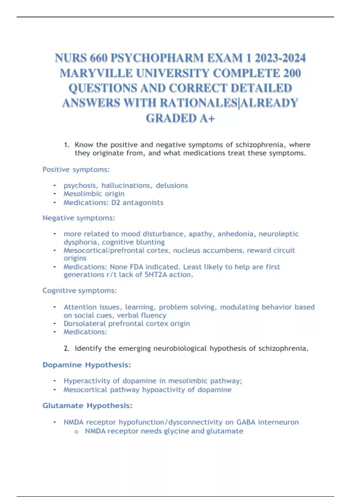 NURS 660 PSYCHOPHARM EXAM 1 LATEST MARYVILLE UNIVERSITY COMPLETE 200 ...
