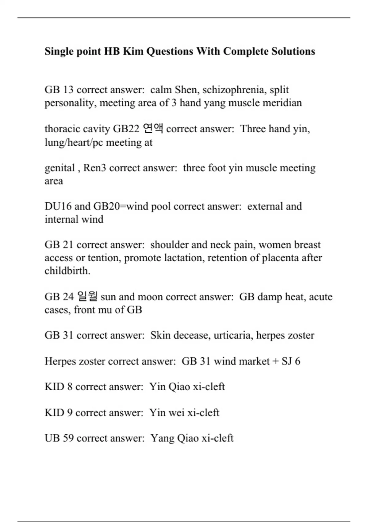 Single point HB Kim Questions With Complete Solutions - HB Kim - Stuvia UK