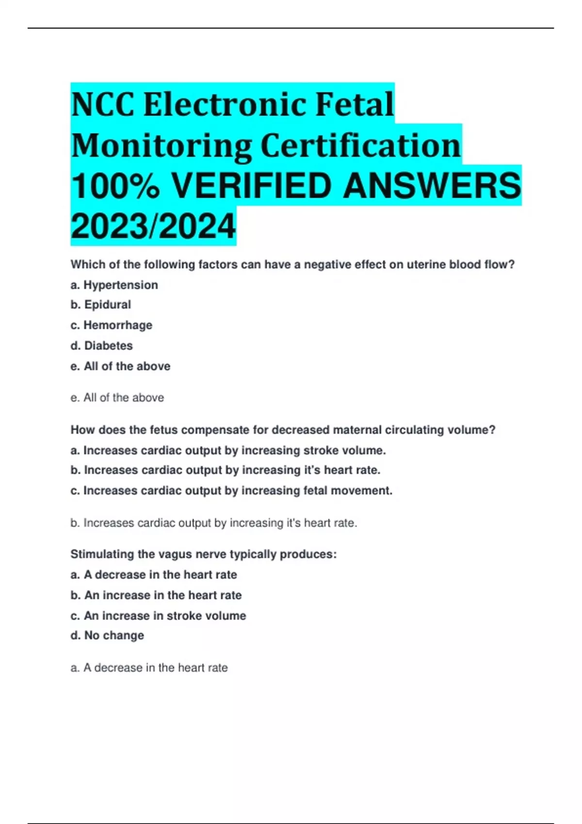 NCC Electronic Fetal Monitoring Certification 100% VERIFIED ANSWERS 2023/2024 - NCC Electronic ...