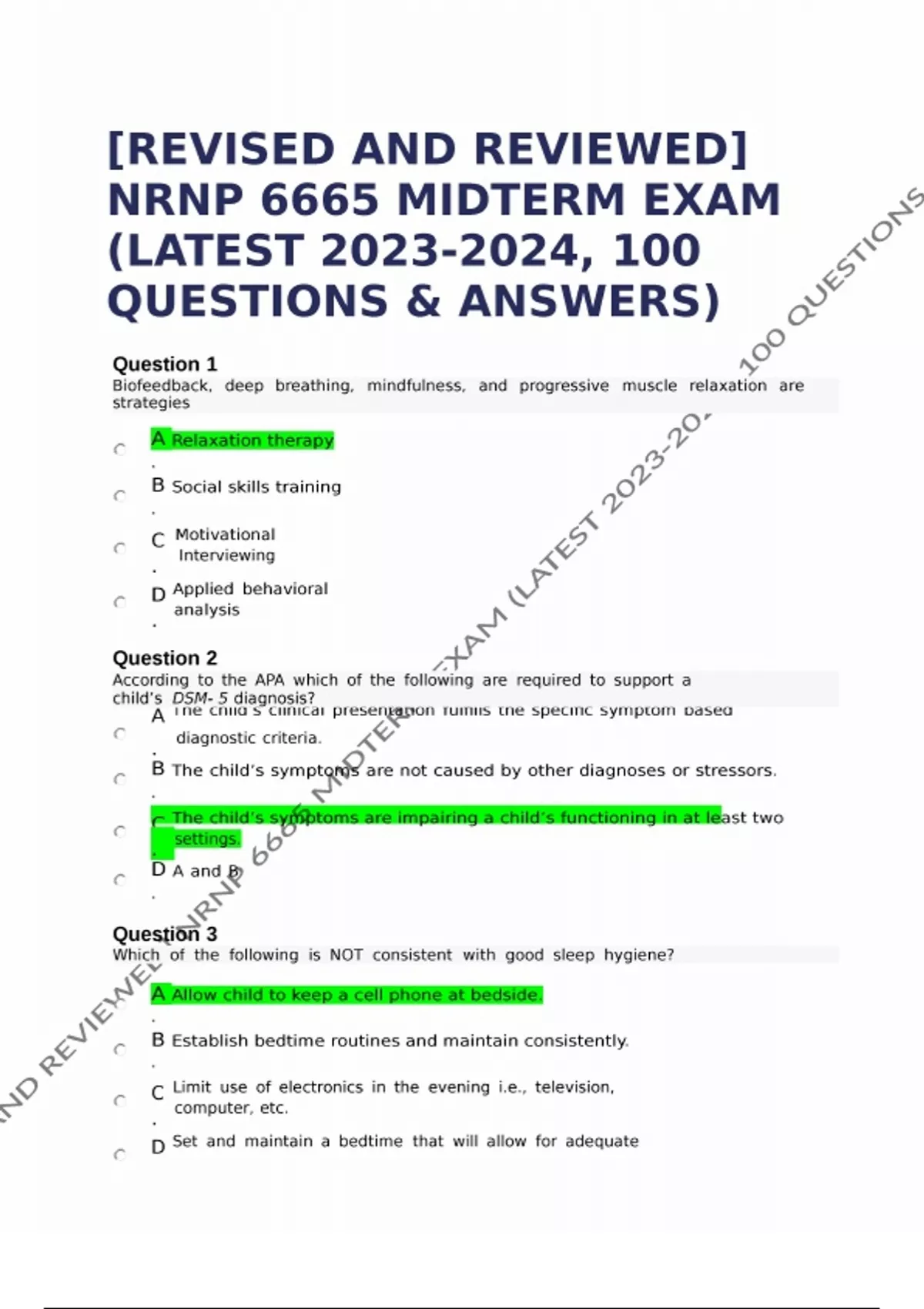 [REVISED AND REVIEWED] NRNP 6665 MIDTERM EXAM & (LATEST , 100 QUESTIONS ...