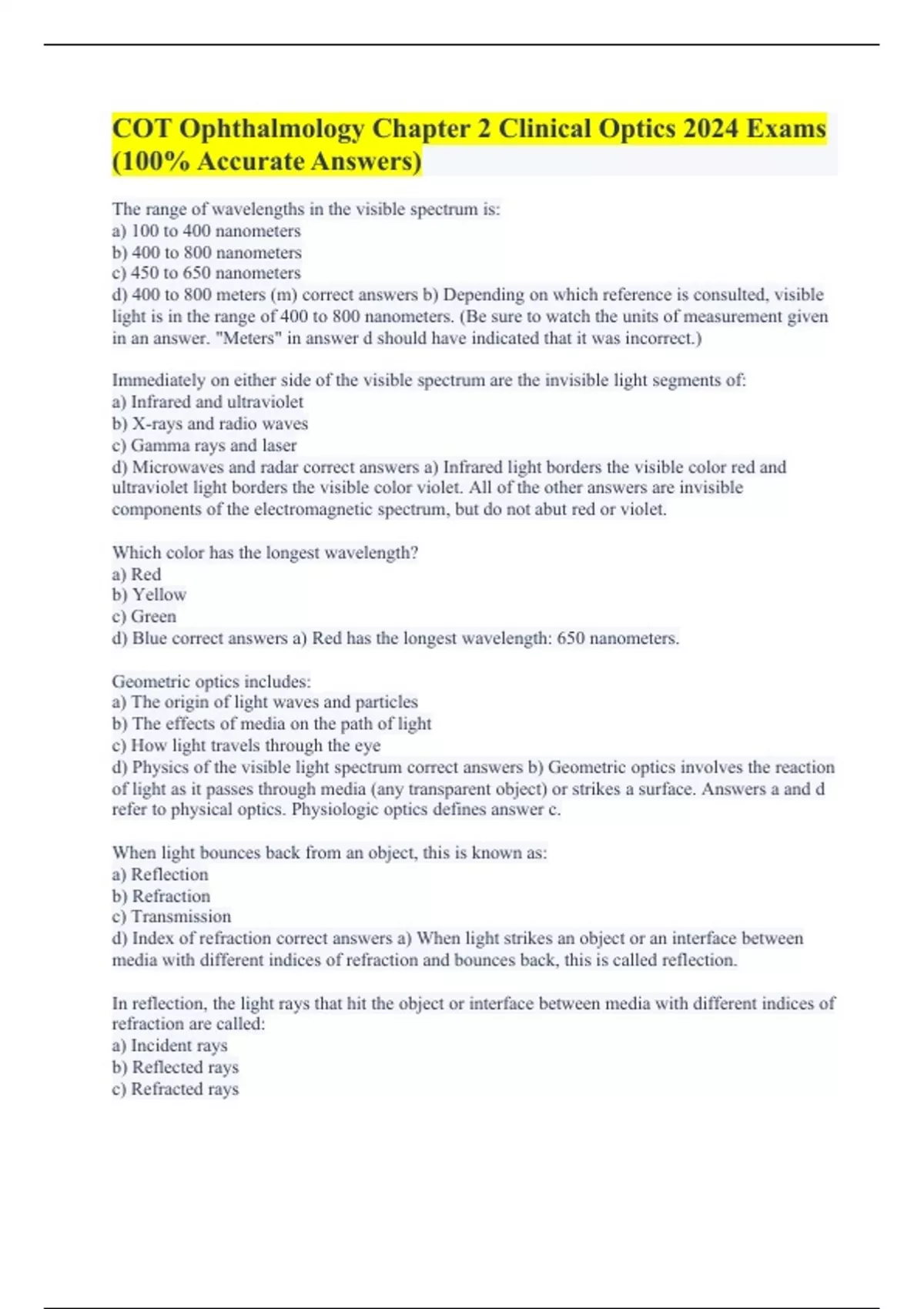 COT Ophthalmology Chapter 2 Clinical Optics 2024 Exams (100% Accurate ...