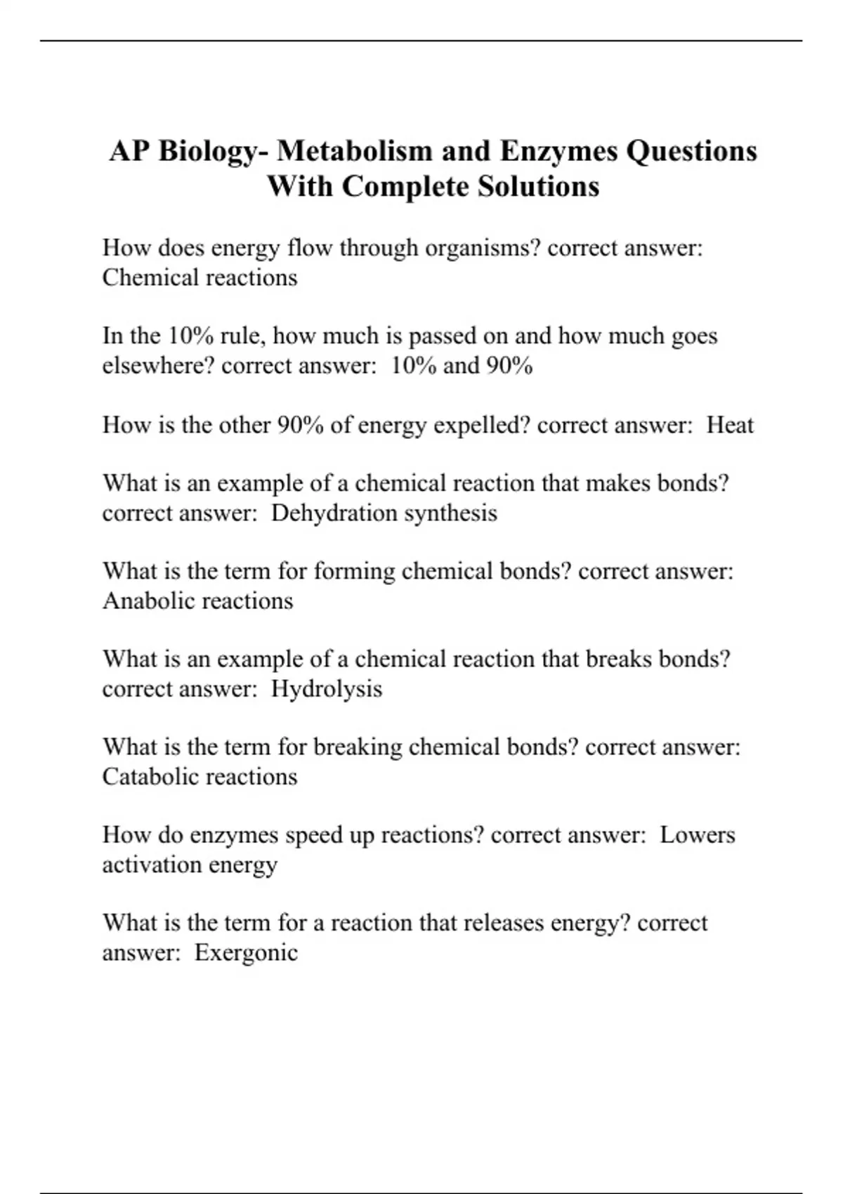 AP Biology- Metabolism and Enzymes Questions With Complete Solutions ...
