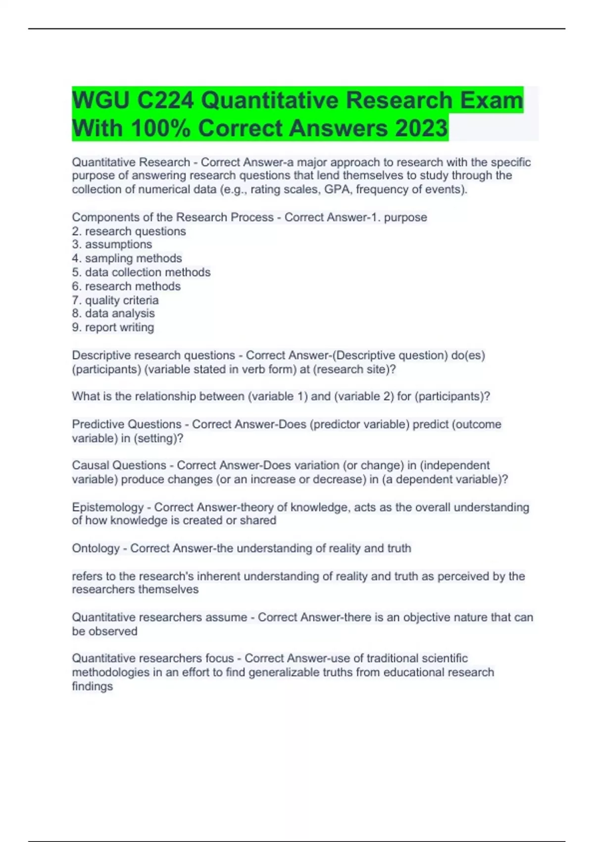 WGU C224 Quantitative Research Exam With 100% Correct Answers 2023 ...