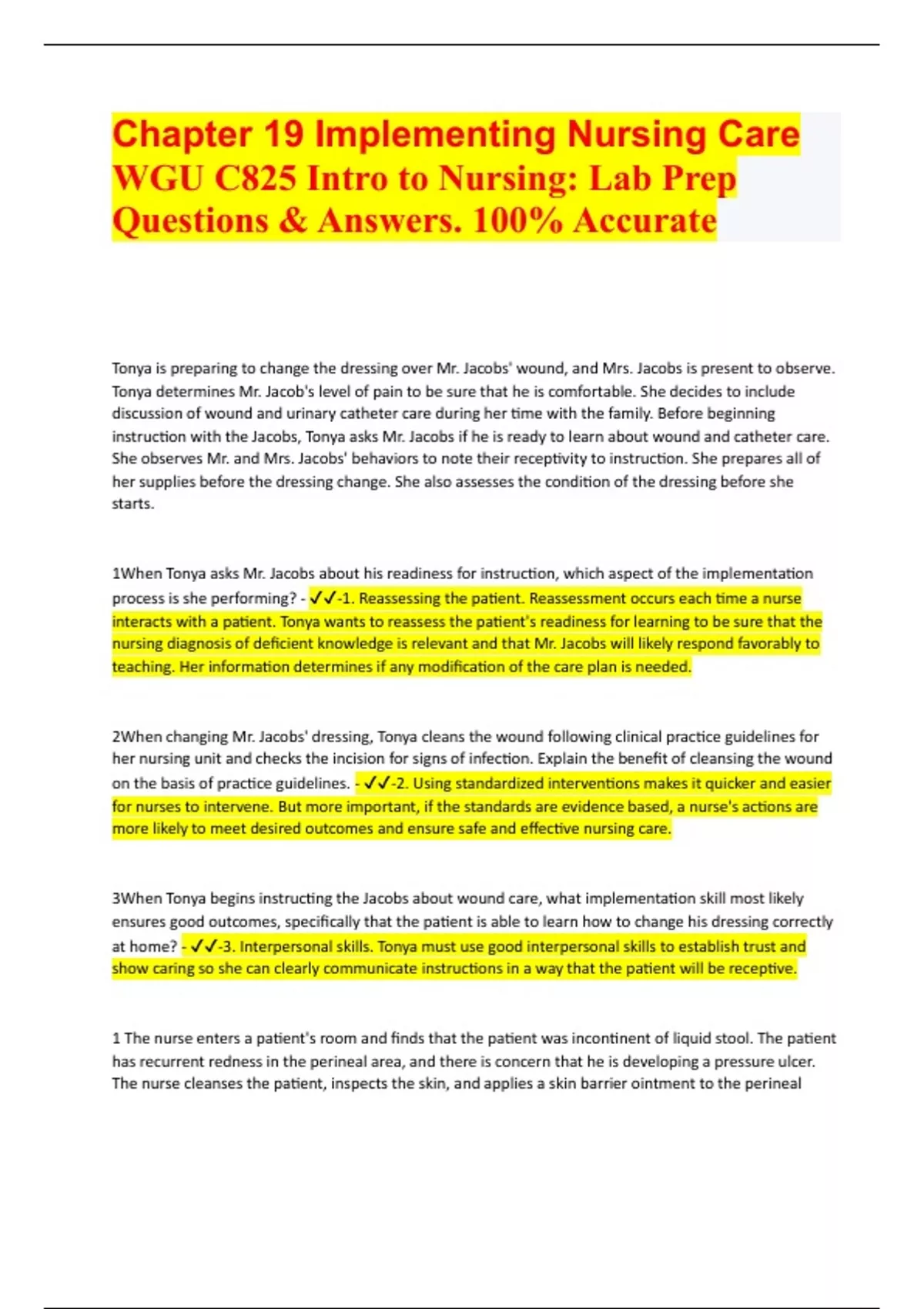 Chapter 19 Implementing Nursing Care WGU C825 Intro to Nursing: Lab Prep Questions & Answers ...