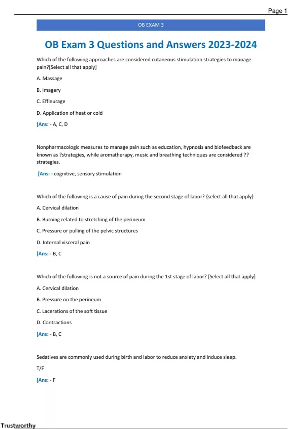 OB Exam 3 Questions and Answers - OB - Stuvia US