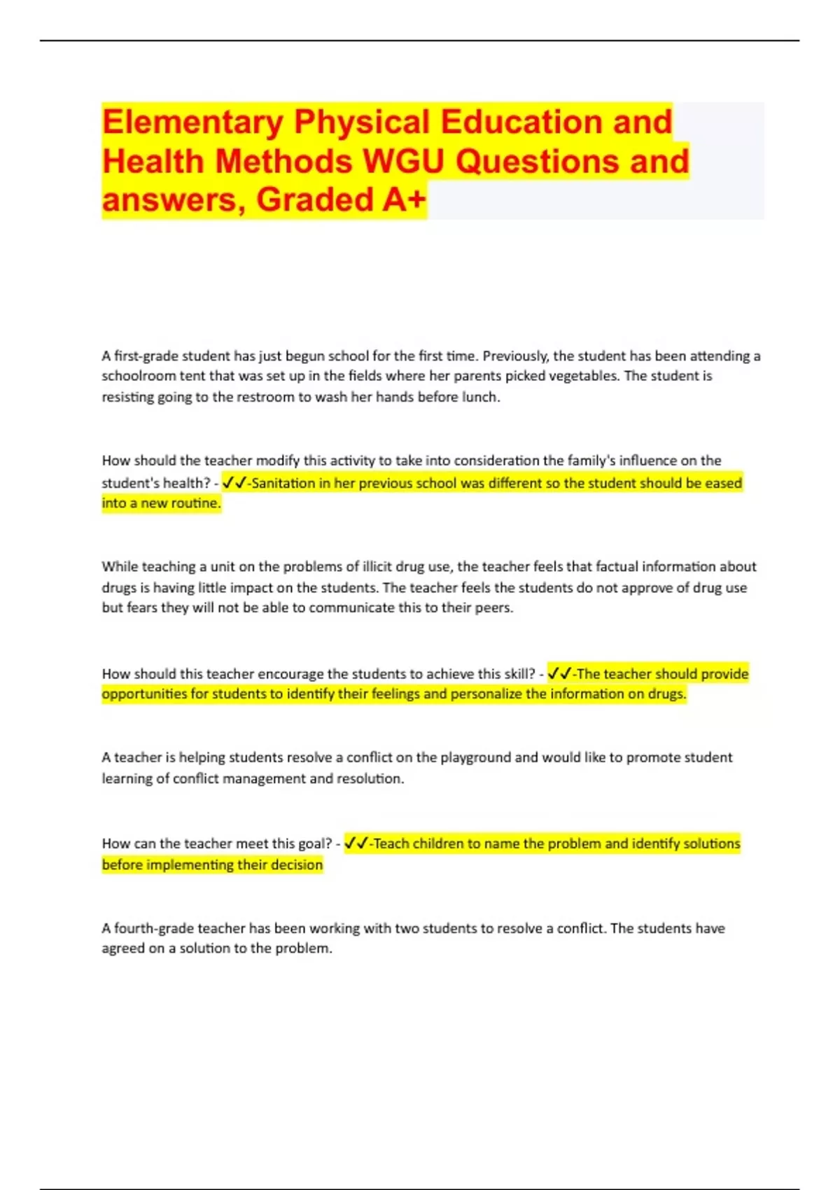 Elementary Physical Education and Health Methods WGU Questions and ...