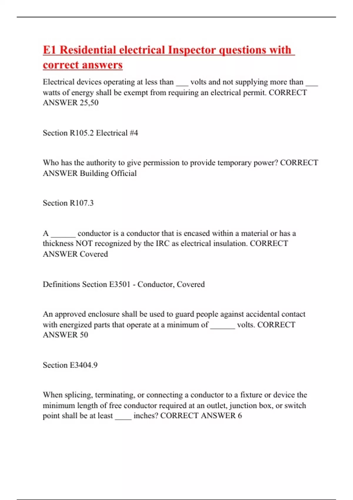 E1 Residential electrical Inspector questions with correct answers - E1 Residential electrical ...