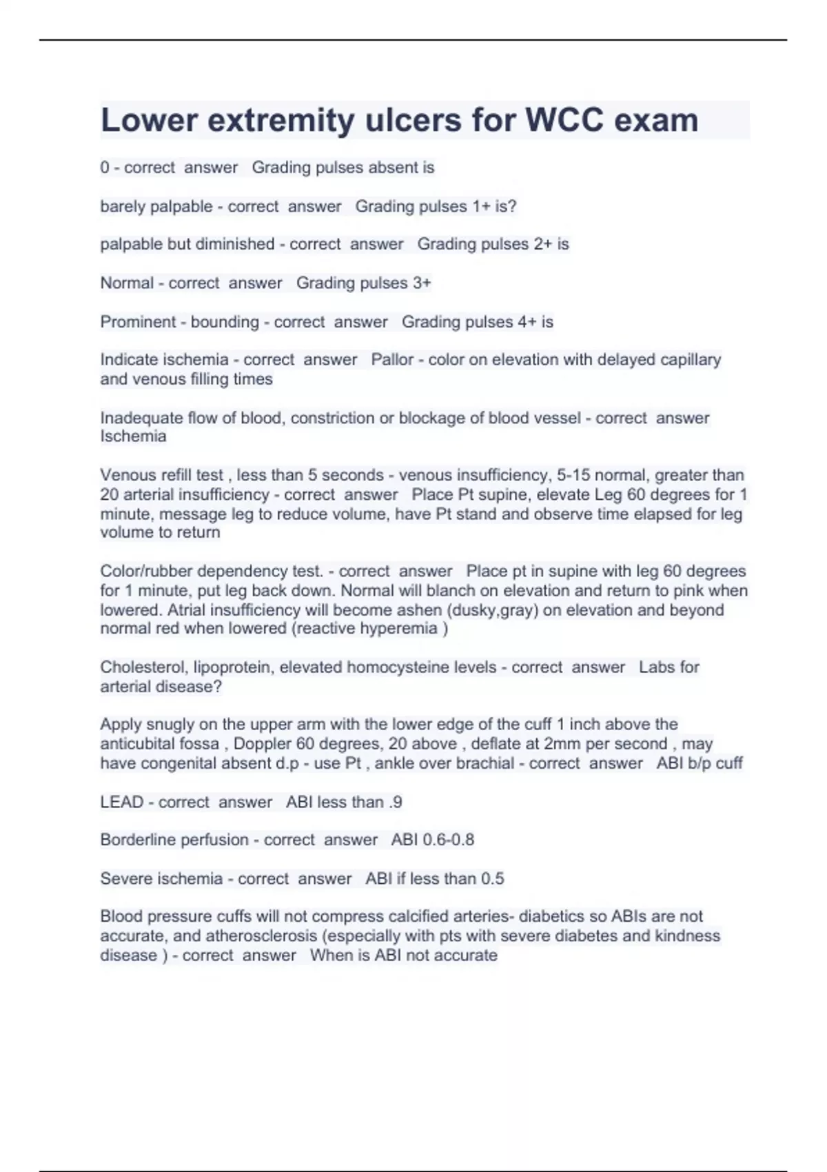 Lower extremity ulcers for WCC exam Question and answers rated A+ 2023 - WSS - Stuvia US