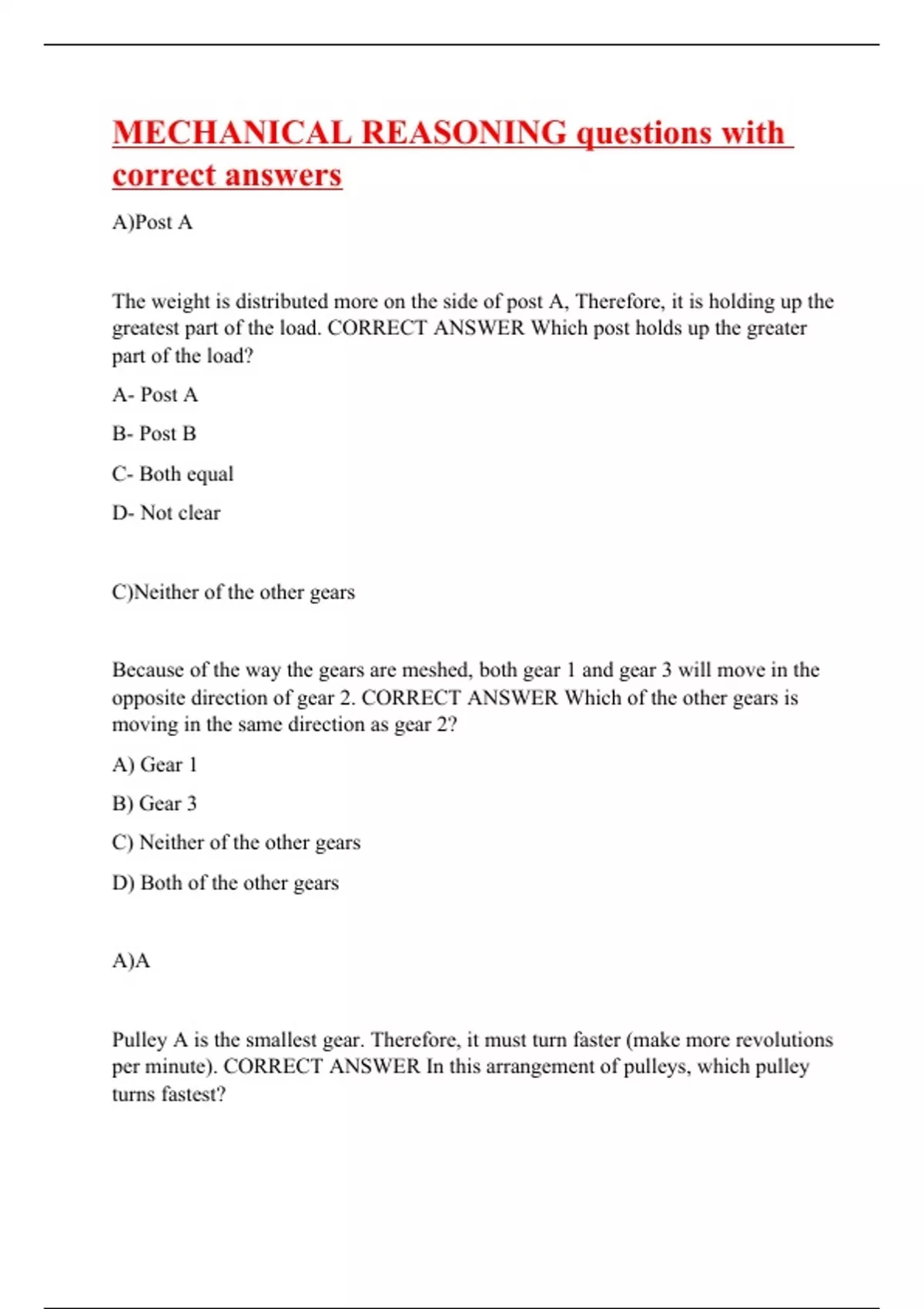 MECHANICAL REASONING questions with correct answers - MECHANICAL ...
