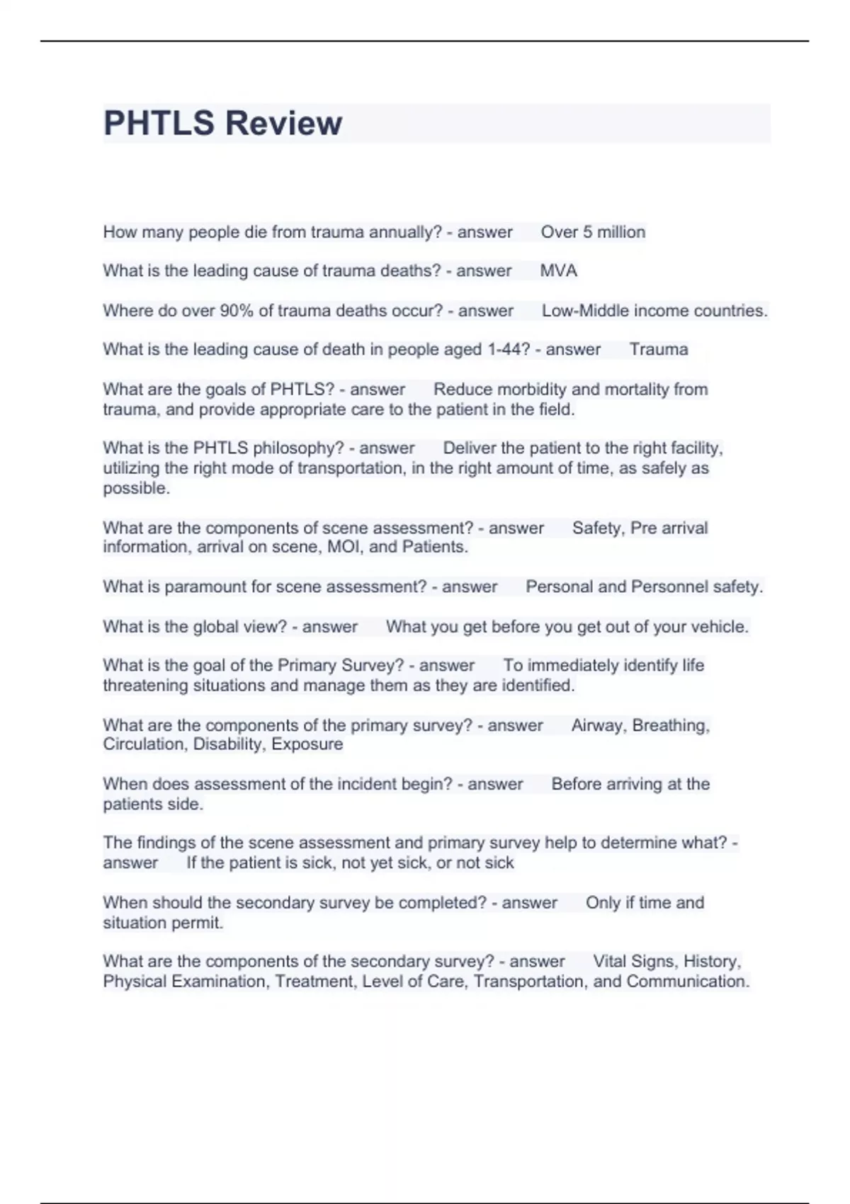 PHTLS Review Questions and Answers 2023 - PHTLS - Stuvia US