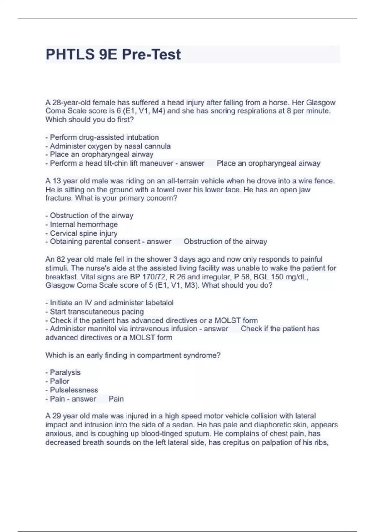 PHTLS 9E Pre-Test Questions and Answers 2023 - PHTLS - Stuvia US