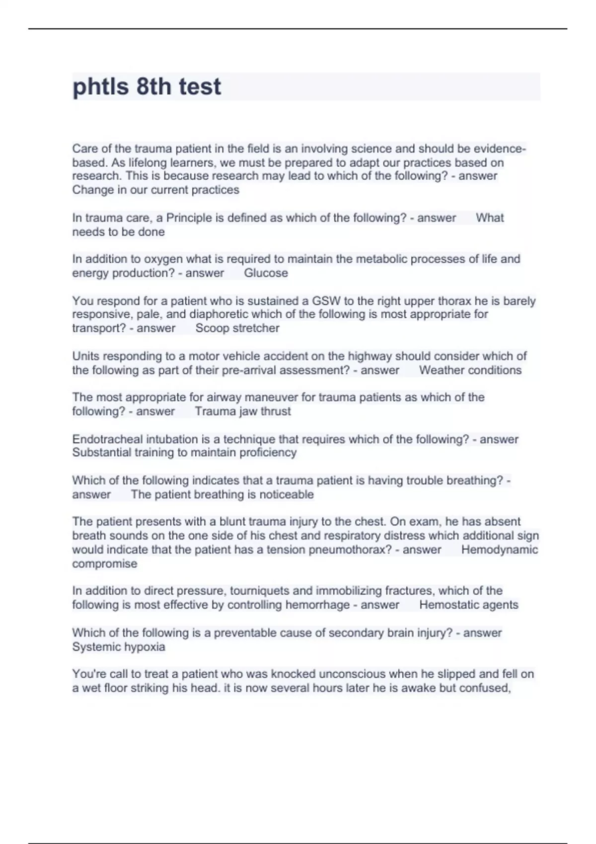 phtls 8th test Questions and Answers Scored A+ 2023 - PHTLS - Stuvia US