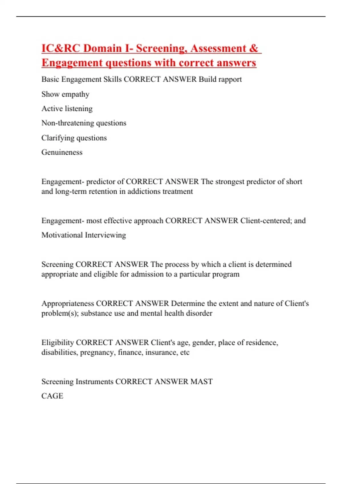 IC&RC Domain I- Screening, Assessment & Engagement questions with ...