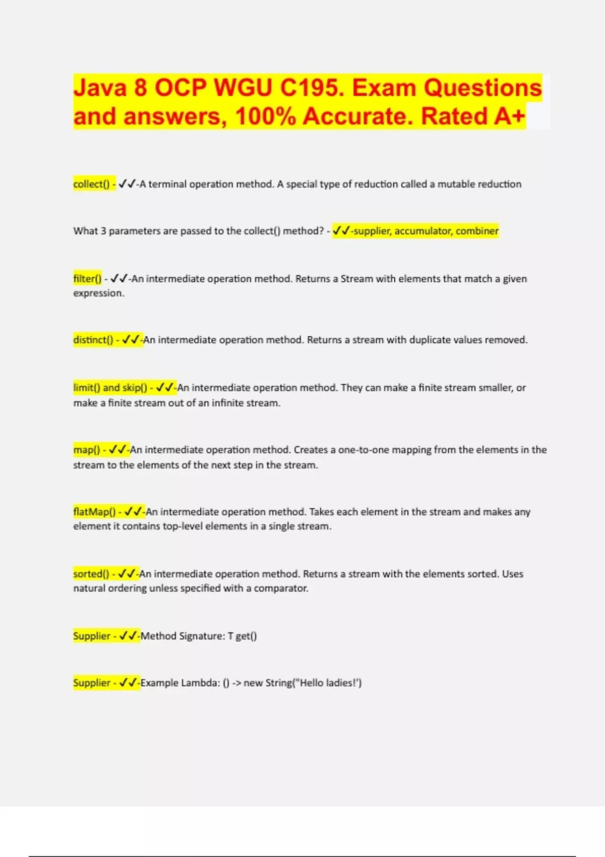 Java 8 OCP WGU C195. Exam Questions and answers, 100% Accurate. Rated A+ 2024 - Java 8 OCP WGU ...