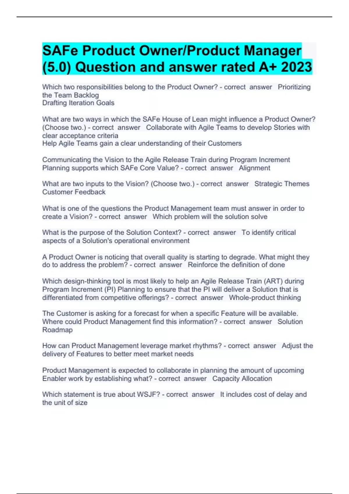 SAFe Product Owner Question and answers 100% correct 2023 - SAFE POPM ...