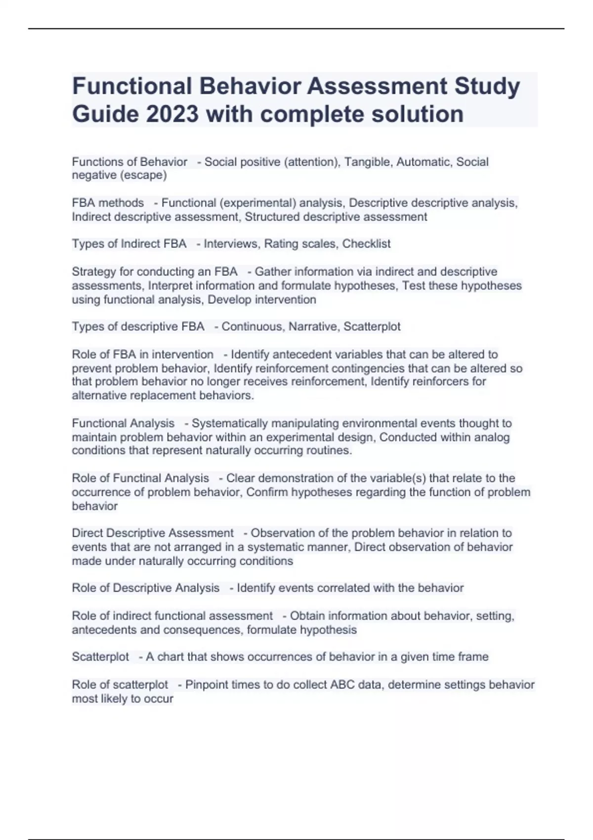 Functional Behavior Assessment Study Guide 2023 with complete solution ...