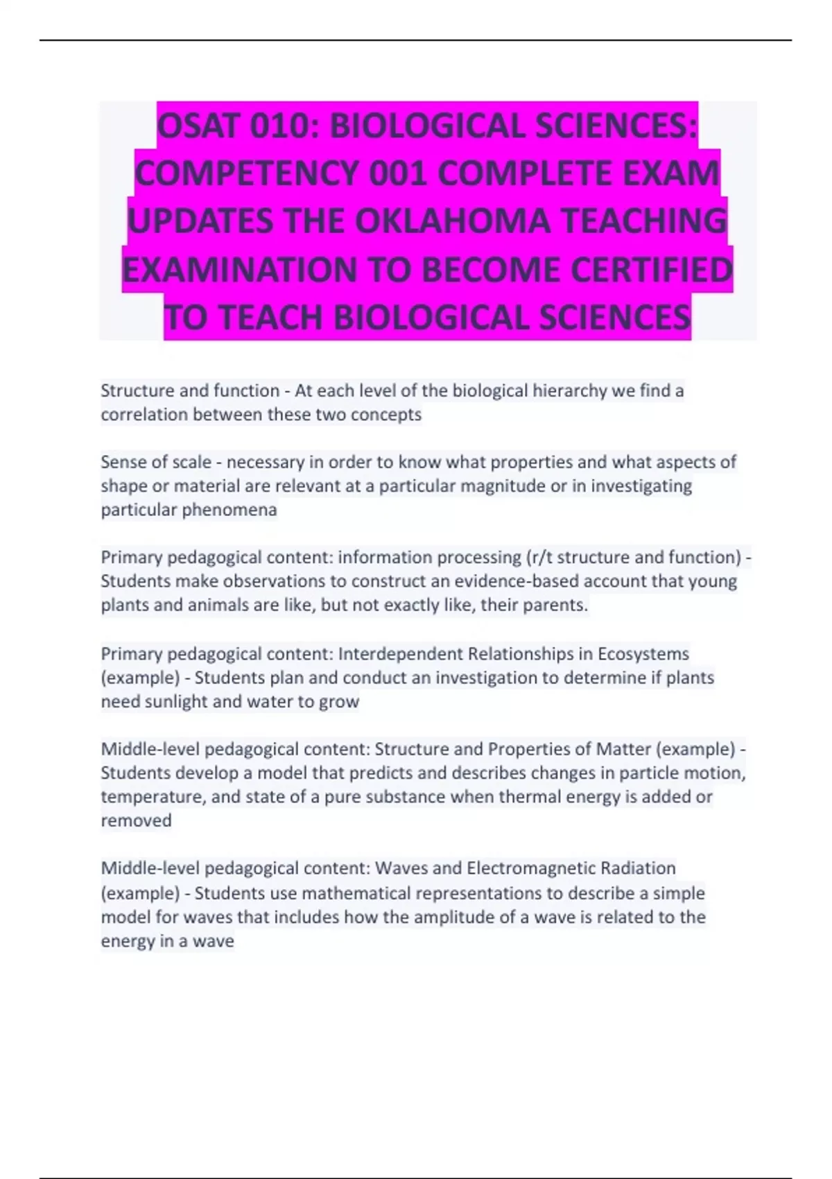 OSAT 010 BIOLOGICAL SCIENCES COMPETENCY 001 COMPLETE EXAM UPDATES THE ...