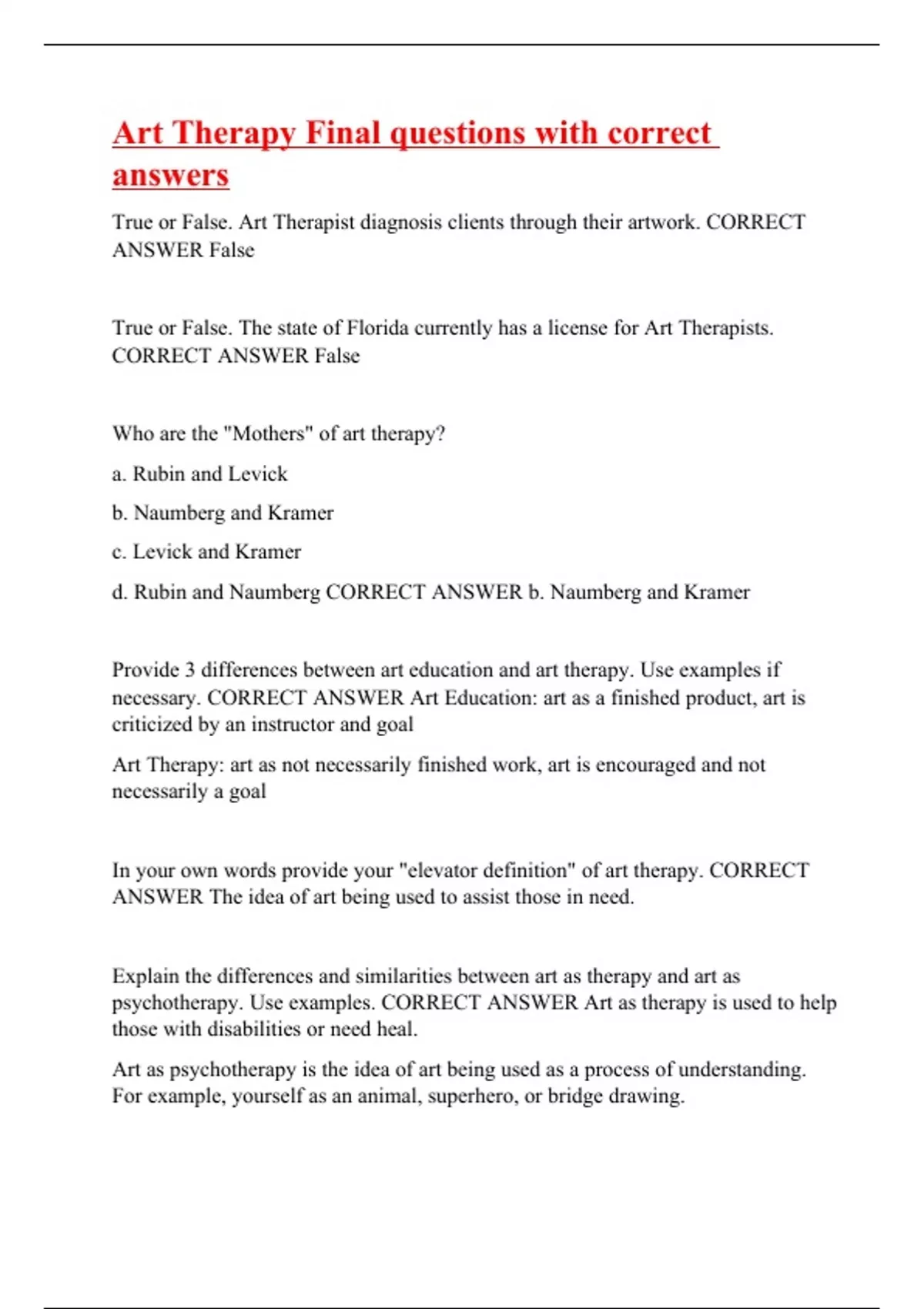Art Therapy Final questions with correct answers - Art Therapy - Stuvia US